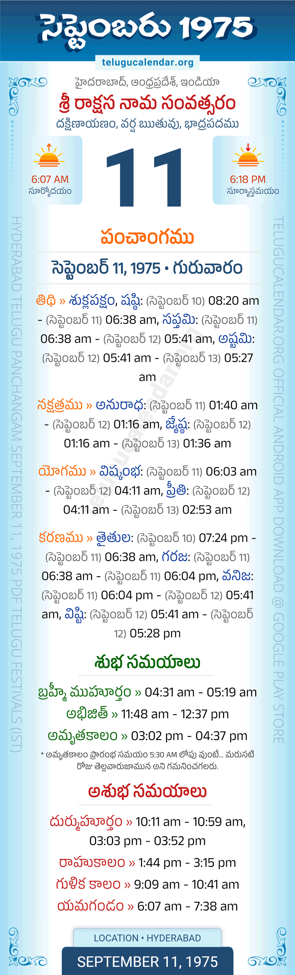 September 11, 1975 Telugu Calendar Panchangam Andhra Pradesh