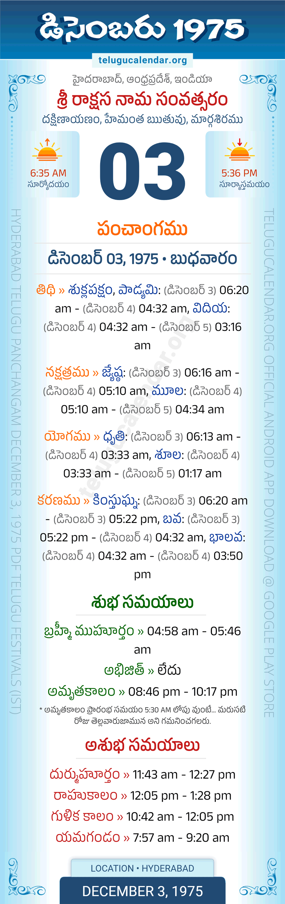 December 3, 1975 Telugu Calendar Panchangam Andhra Pradesh